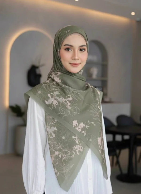 Arunika Square Hijab – Premium Paris Olive Floral Scarf